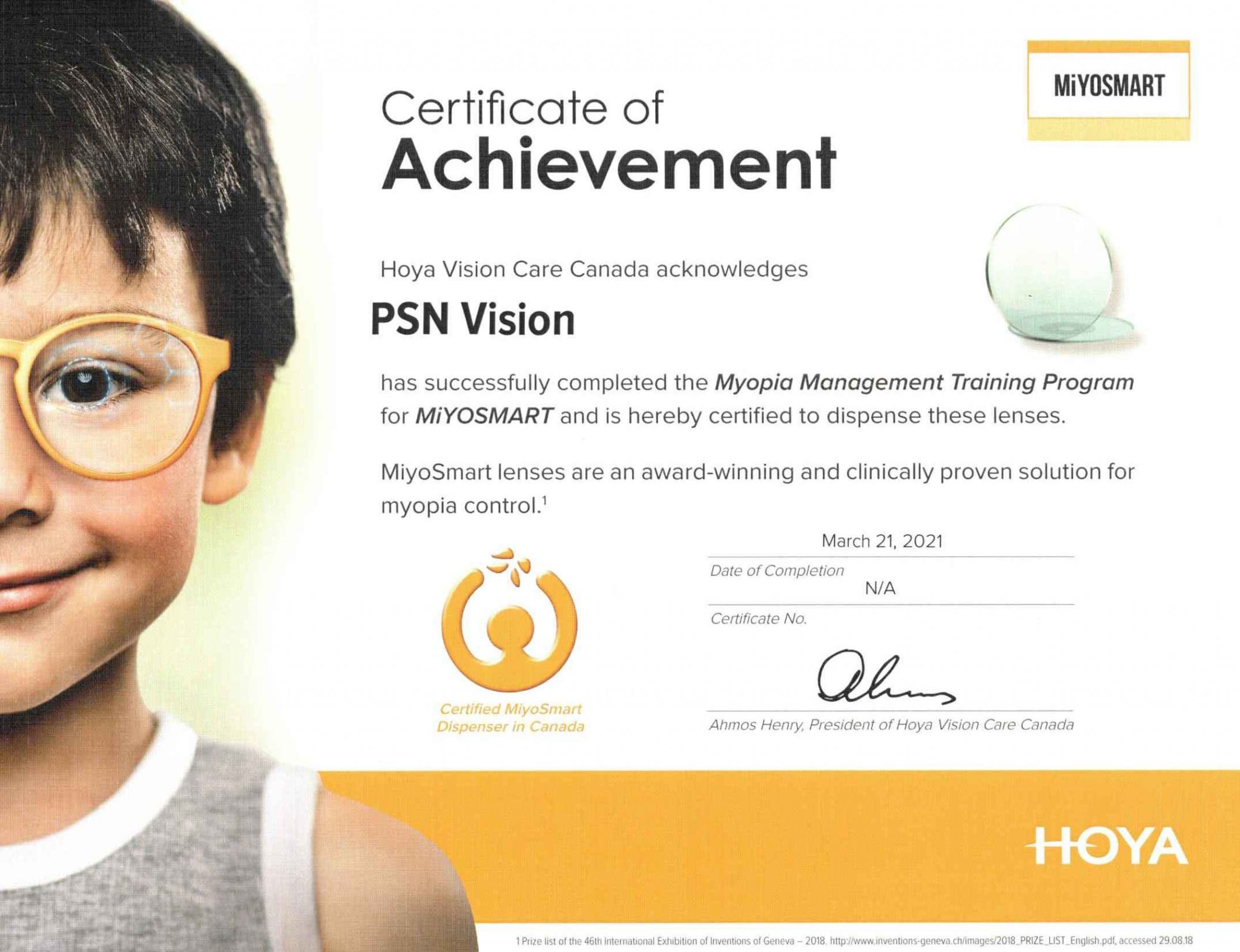 Myopia Management Certificate – PSN Vision